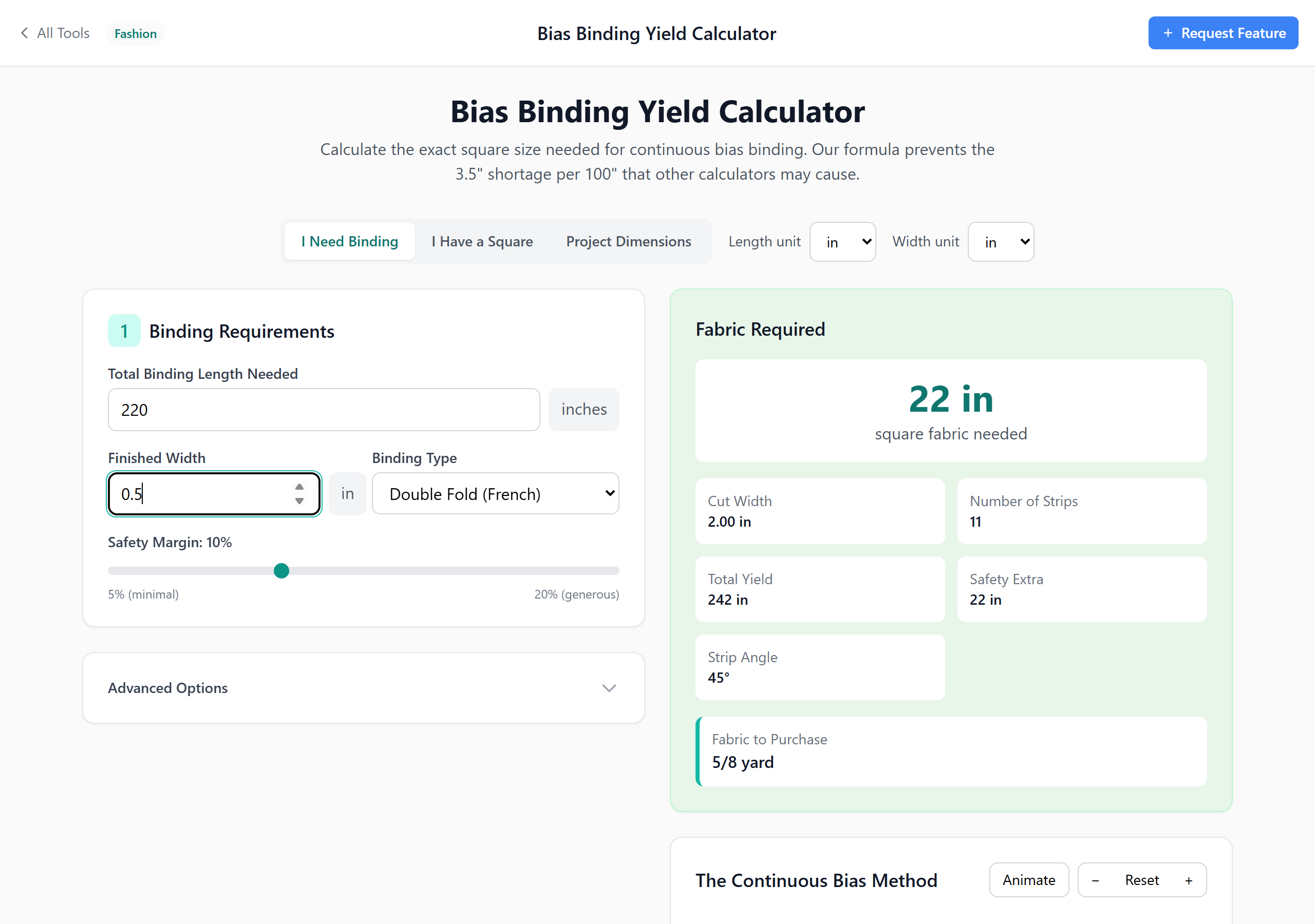Bias Binding Calculator | Continuous Bias Yield | Puida Tools