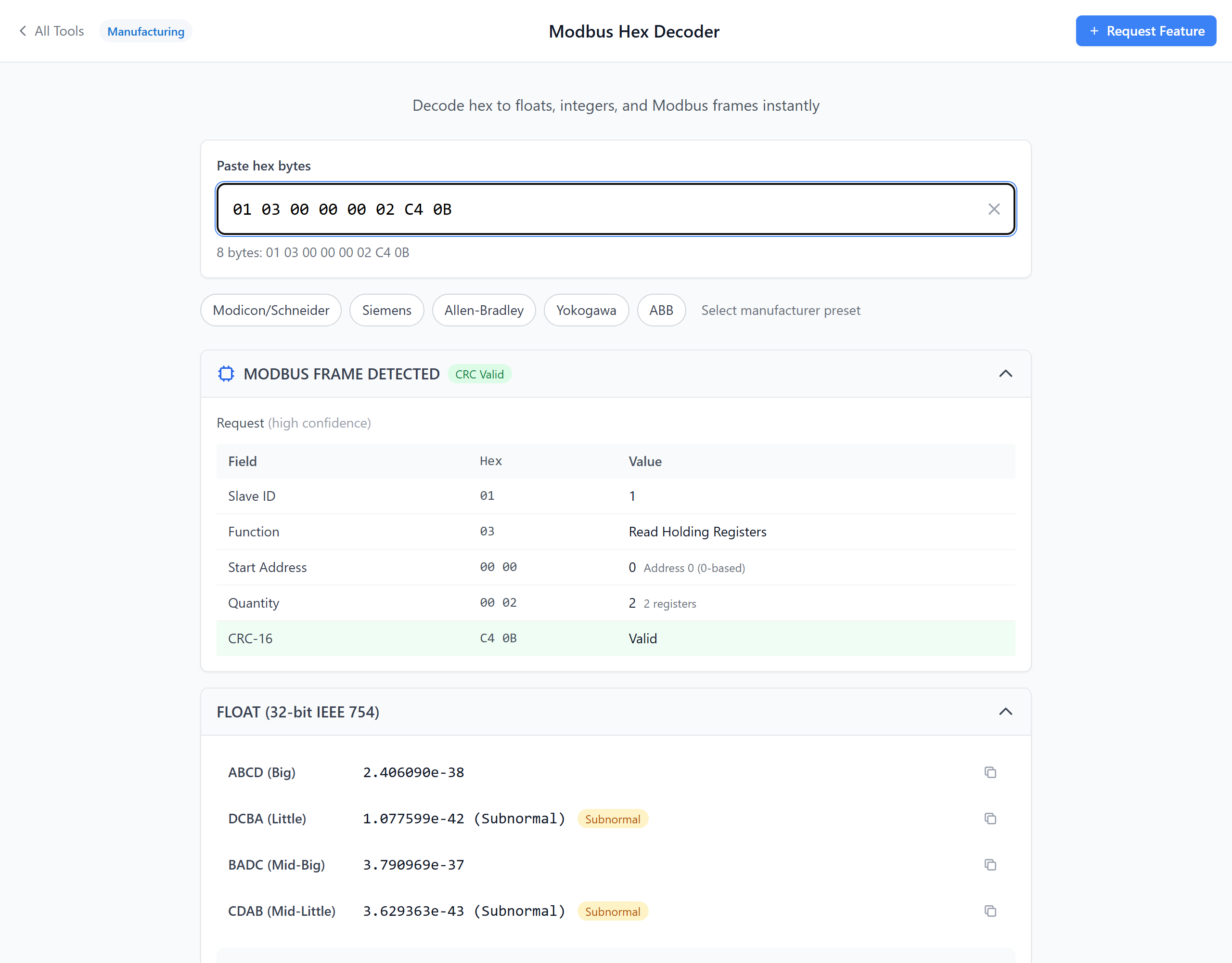 Free Modbus Hex Decoder | Convert Hex to Float Online